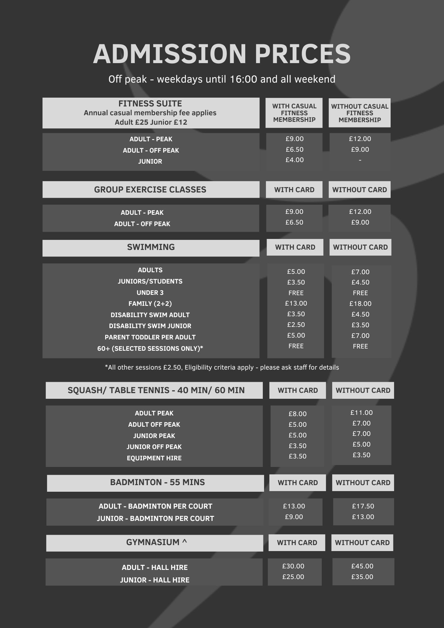 Admission prices – Denbighshire Leisure Ltd